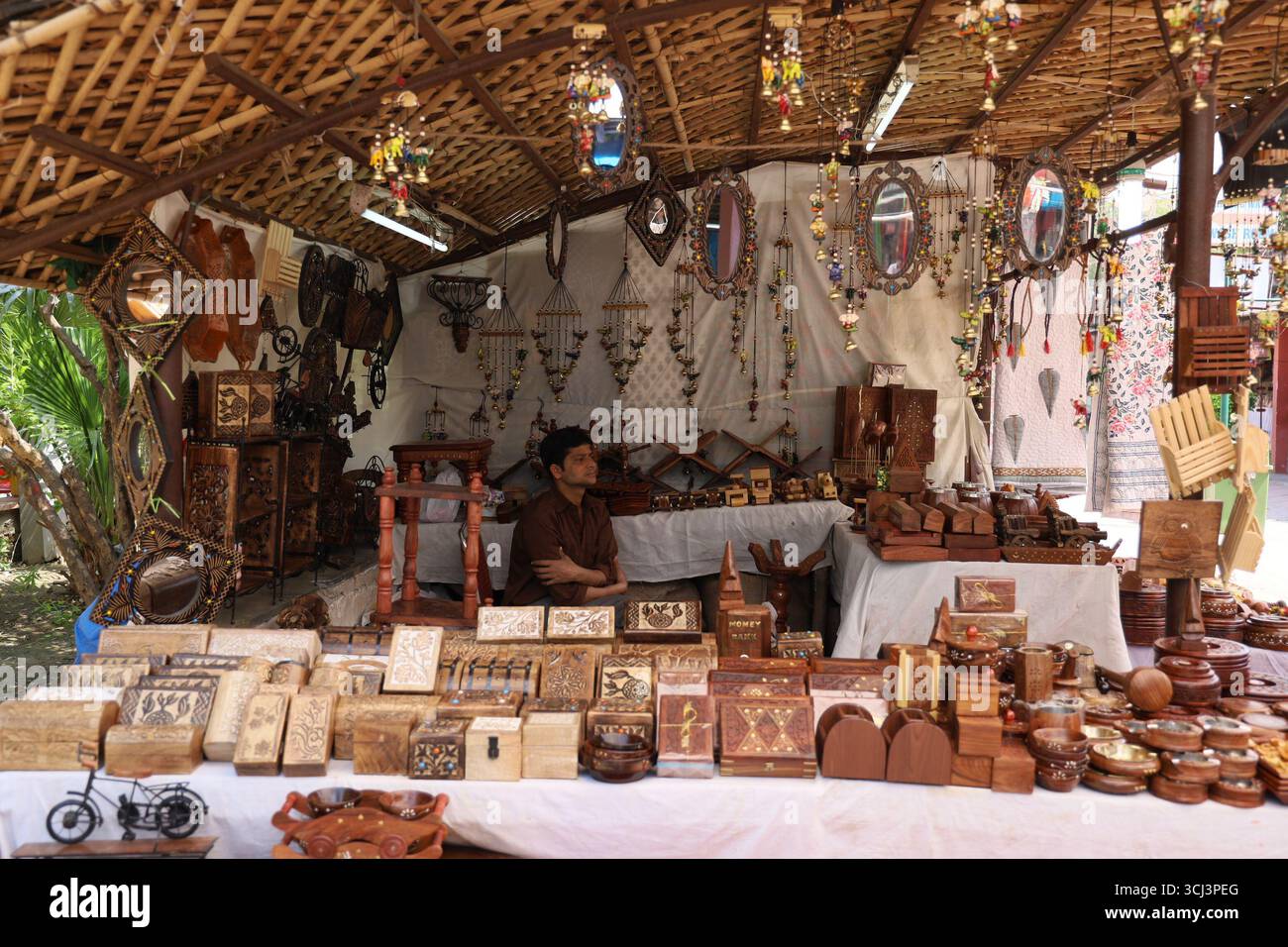 A shopkeeper sells wood wares at the traditional Dilli Haat market in ...