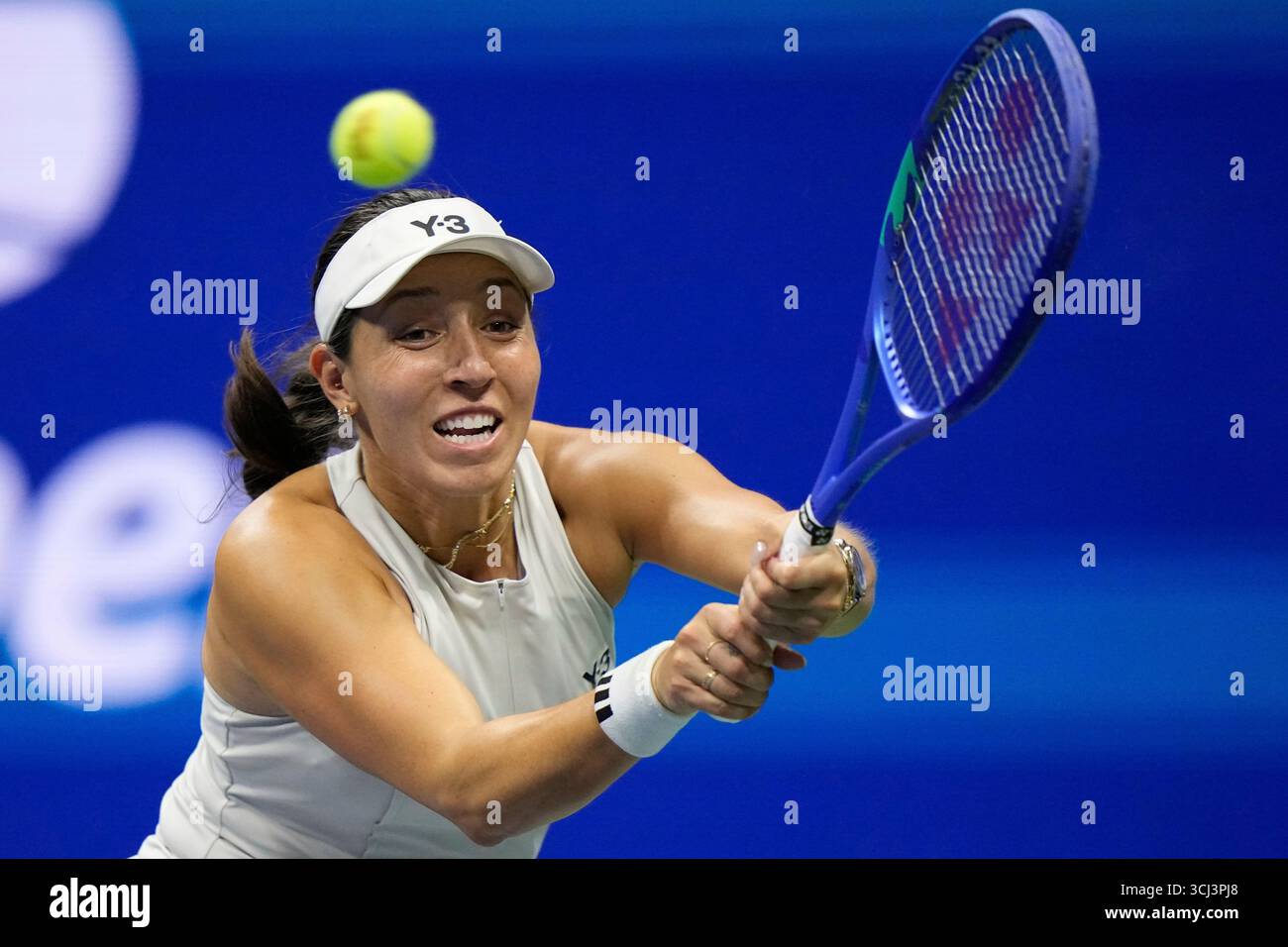 Jessica Pegula, of the United States, returns a shot to Aryna Sabalenka ...