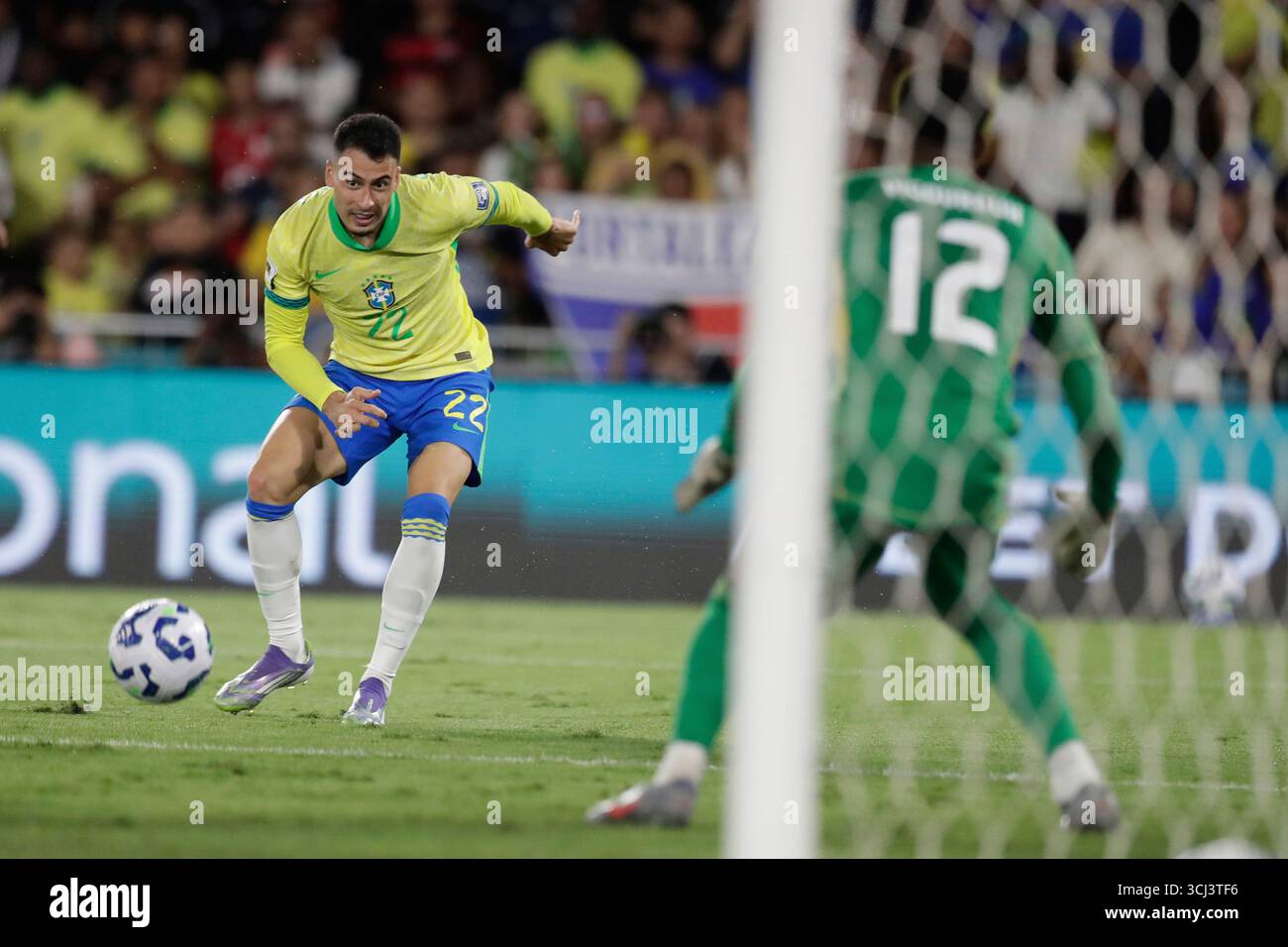 Brazil's Martinelli makes an attempt to score against Chile during a ...