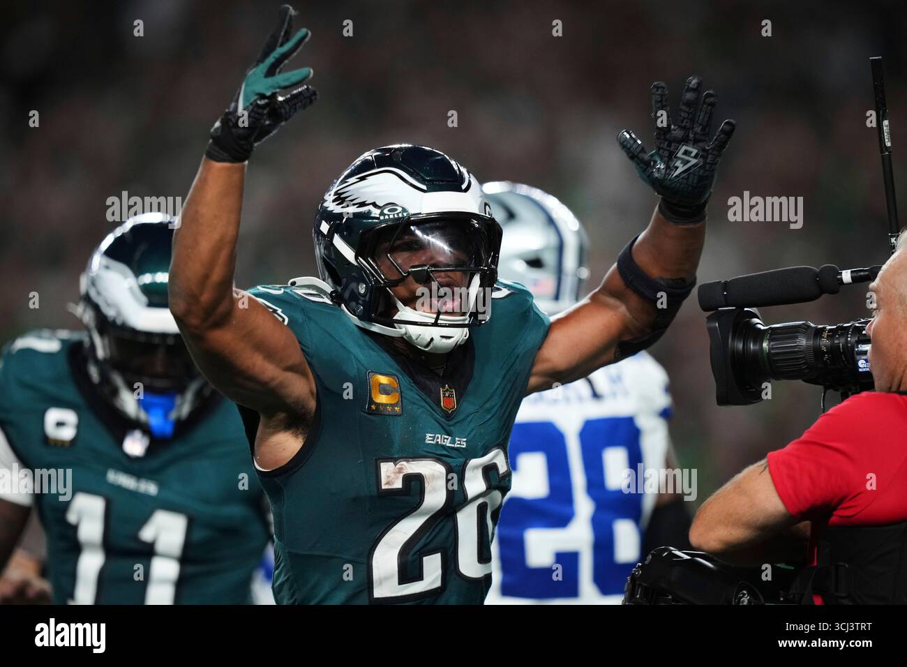 Philadelphia Eagles' Saquon Barkley celebrates after scoring a ...