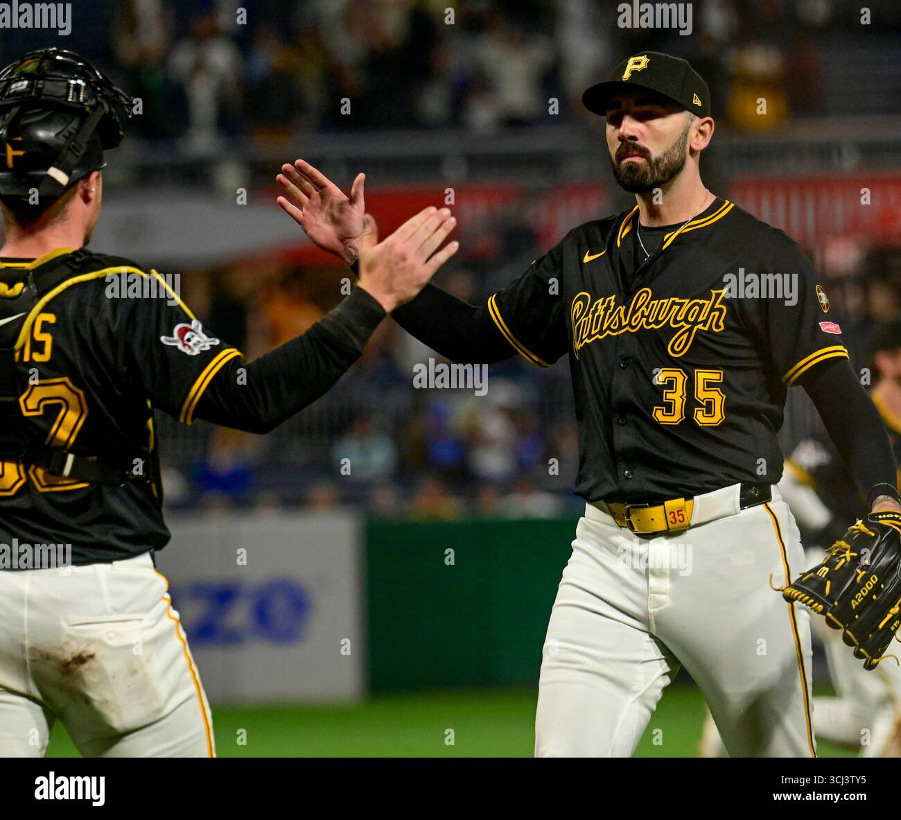 Pittsburgh Pirates pitcher Colin Holderman (35) celebrates the Pirates ...