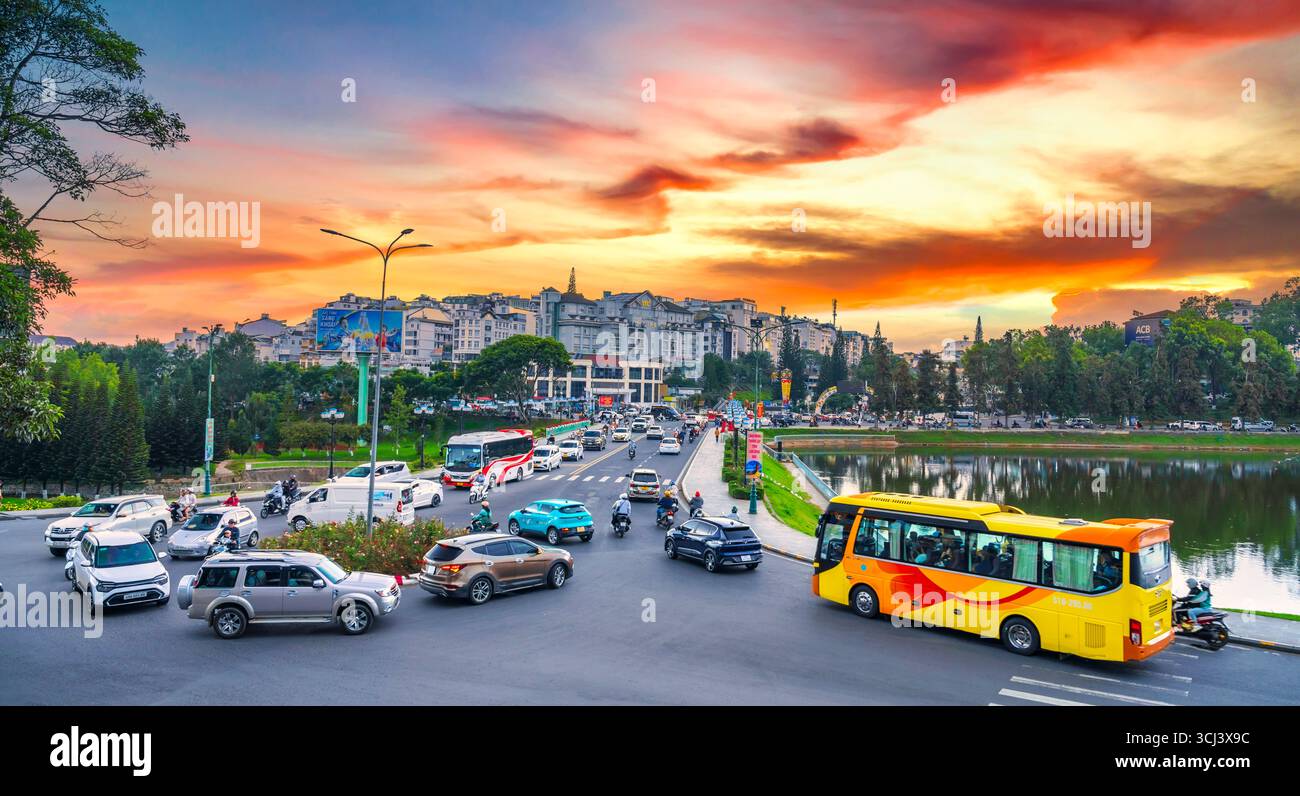 Da Lat, Vietnam - July 13rd, 2025: Street traffic in Da Lat city during ...