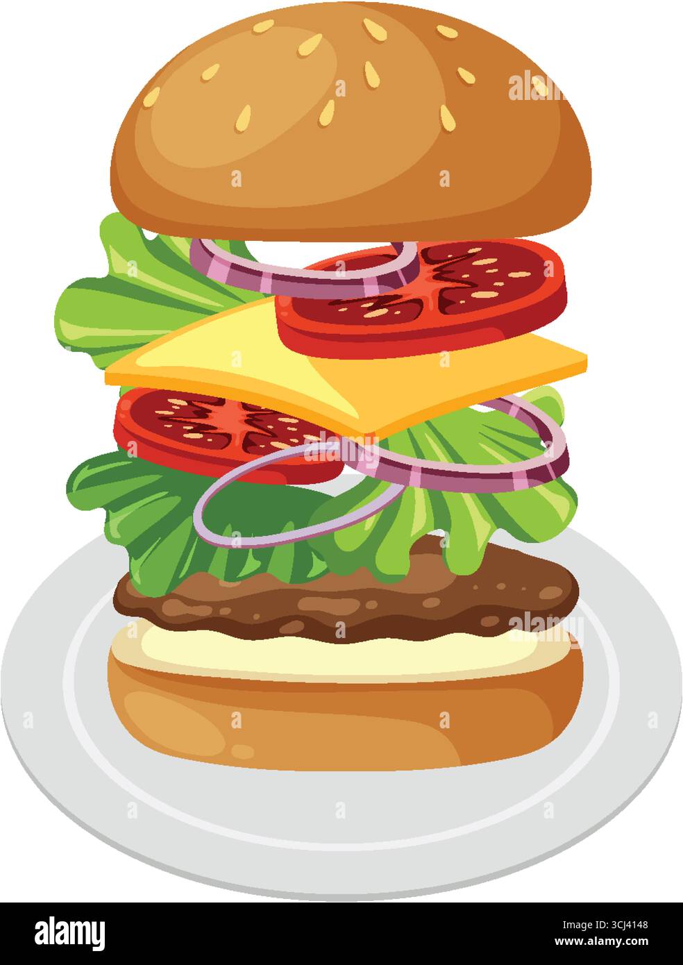 Colorful vector of a tall cheeseburger with lettuce, tomato, onion ...