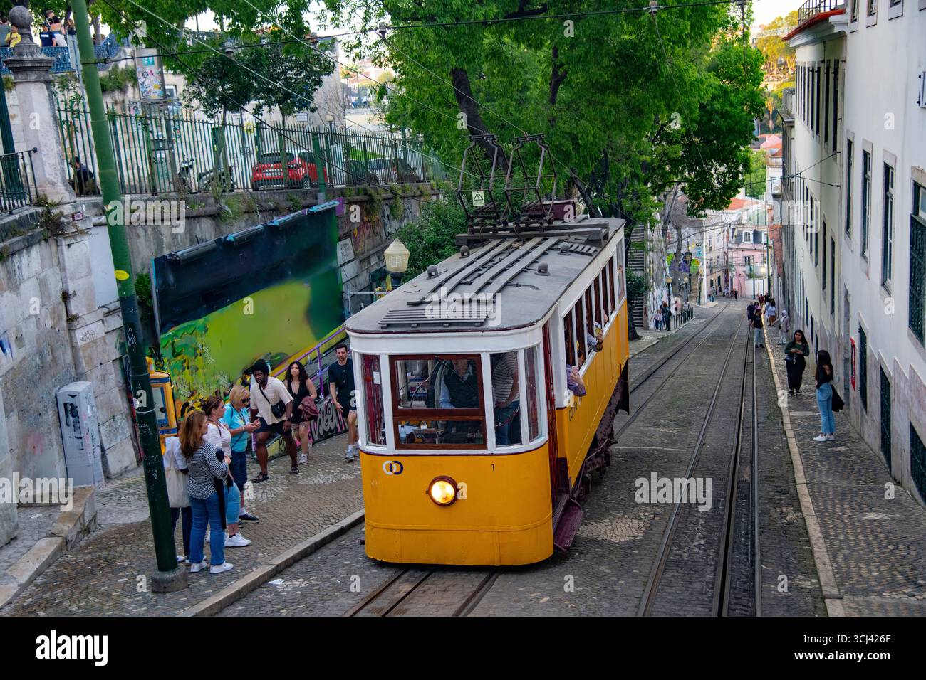 Funicular Gloria on the hills of Lisbon, Portugal Stock Photo - Alamy