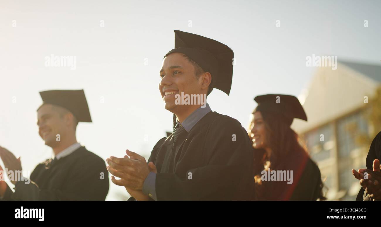 Graduation, students and applause for success, ceremony and celebration ...
