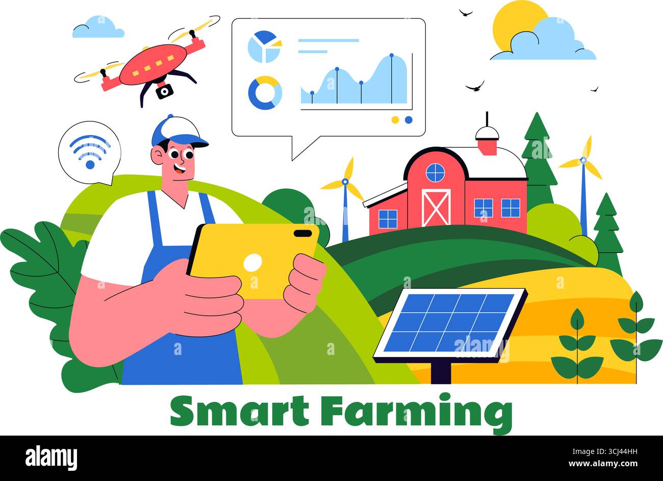 Smart Farming Technology Vector Illustration featuring a Farmer ...