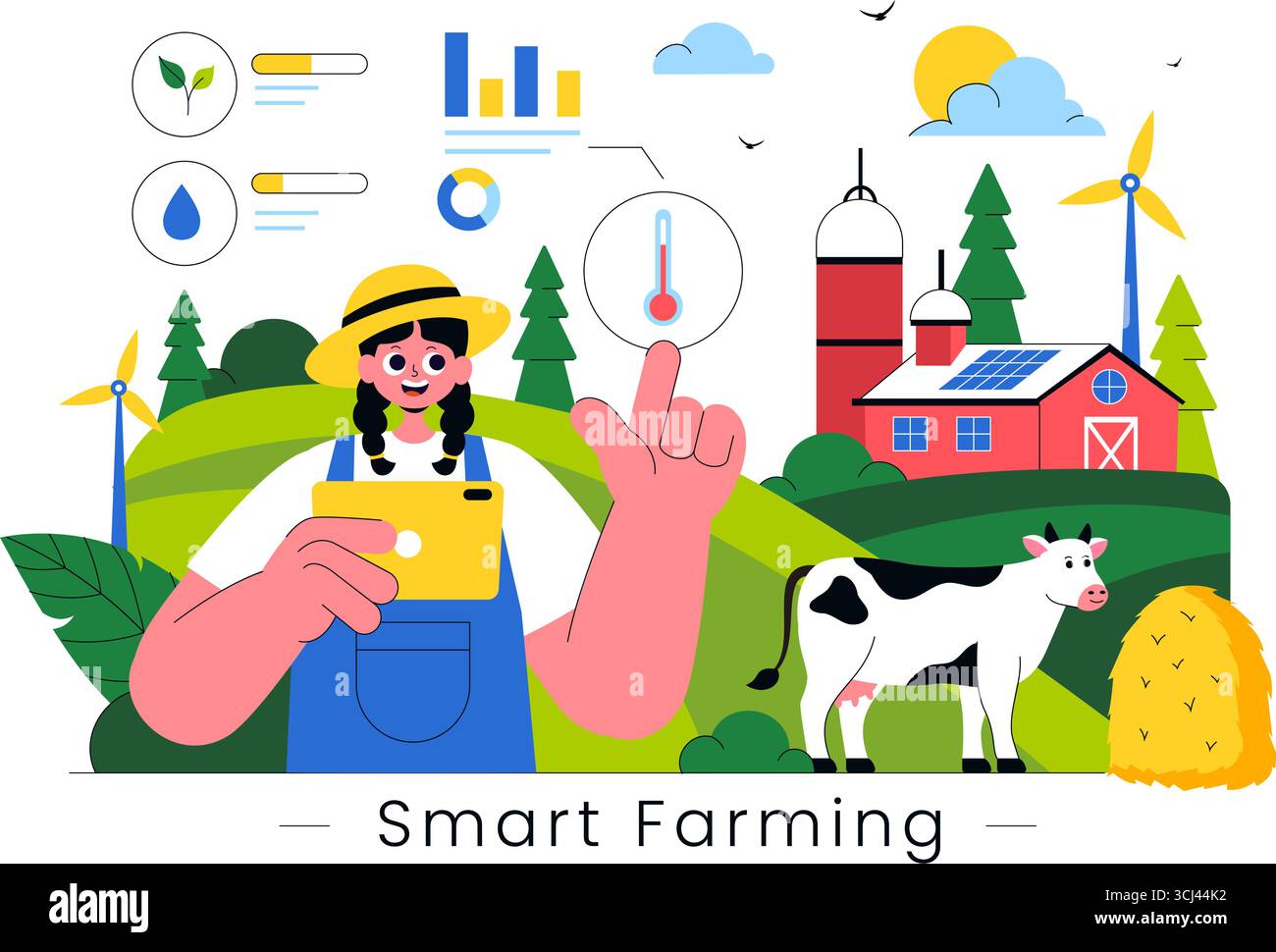 Smart Farming Technology Vector Illustration featuring a Farmer ...