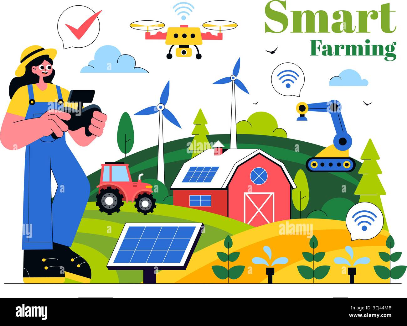 Smart Farming Technology Vector Illustration featuring a Farmer ...