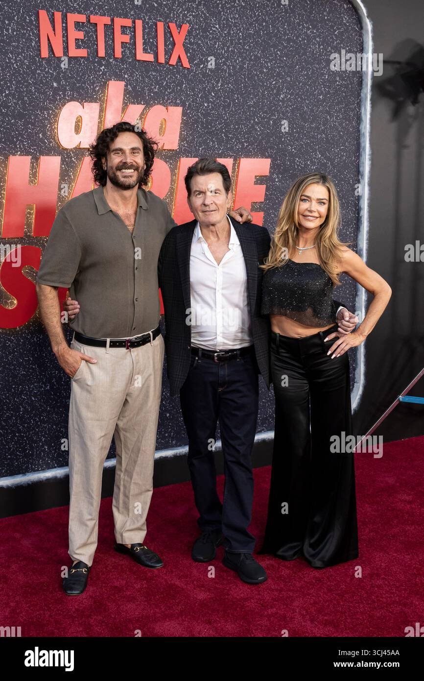 Andrew Renzi, Charlie Sheen and Denise Richards attend the arrivals of Netflix’s “aka CHARLIE ...