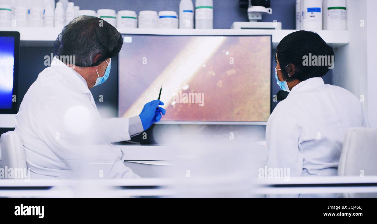 Lab, scientists and people with monitor, pointing and collaboration for ...