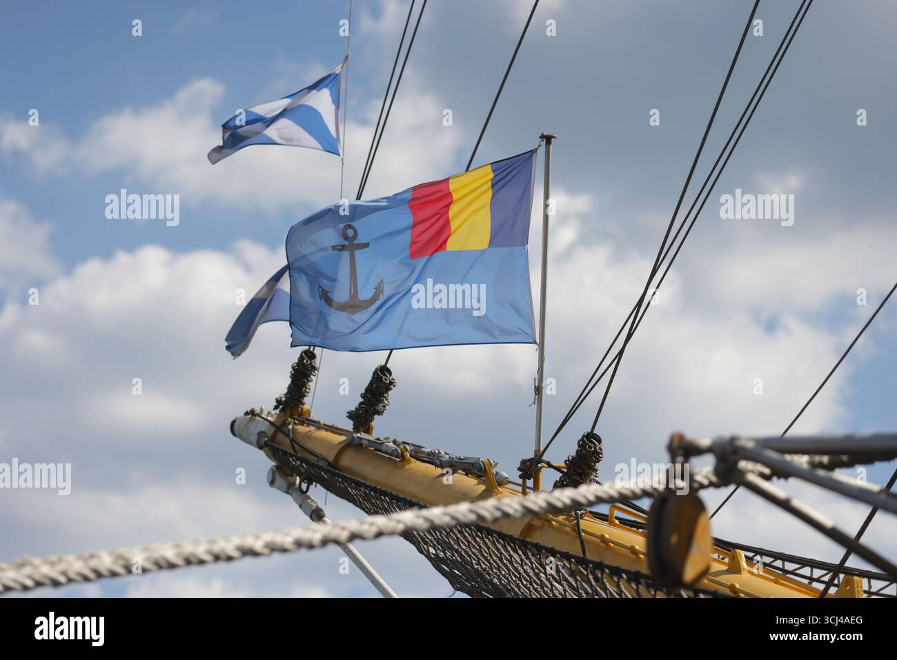 Flag of the anchored training Ship "Mircea", sailing ship, A-class ...