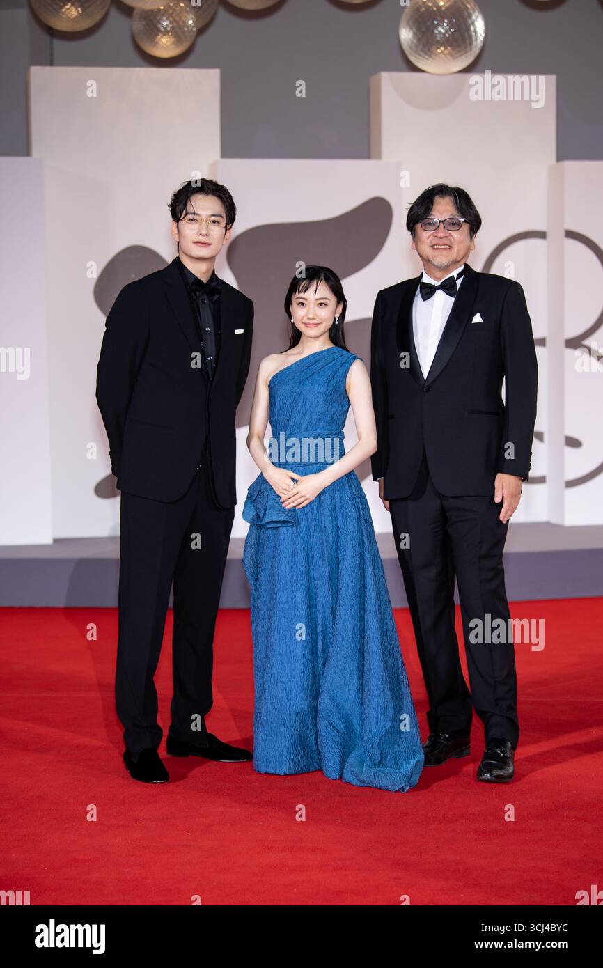Masaki Okada , Mana Ashida , Mamoro Hosoda 82nd Venice Film Festival Red carpet of the movie ...