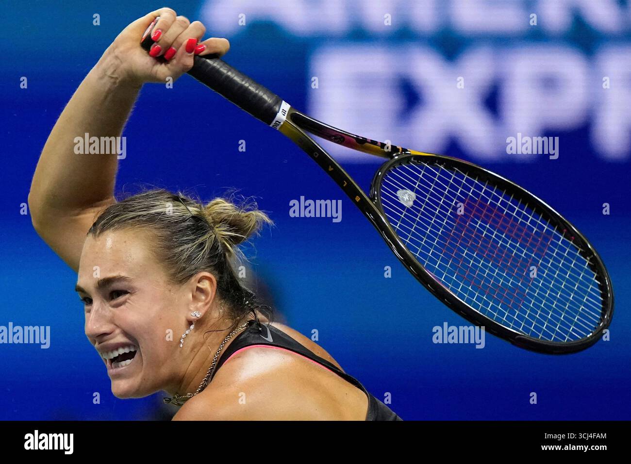 Aryna Sabalenka, of Belarus, returns a shot to Jessica Pegula, of the ...