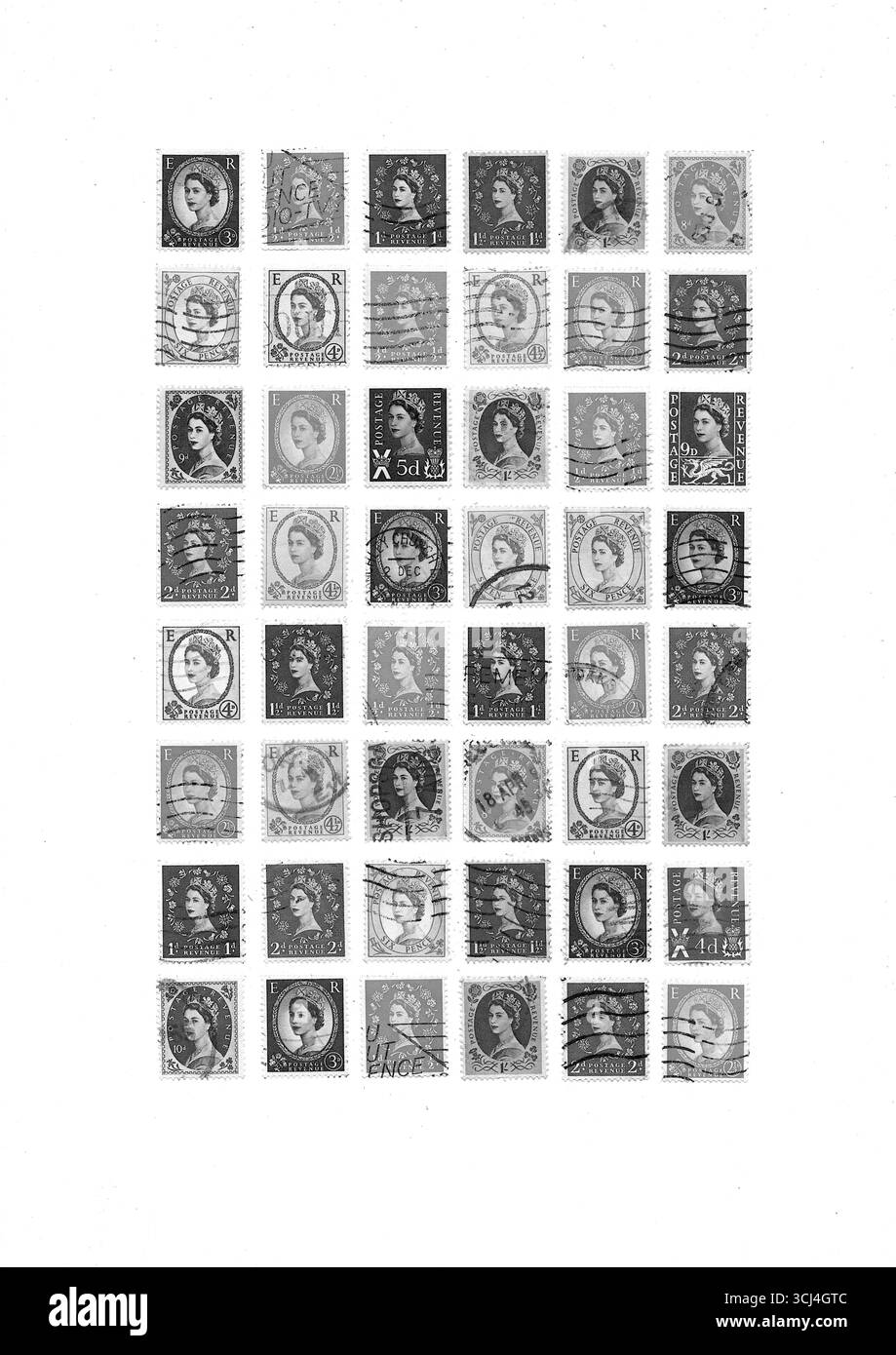 Vintage Queen Elizabeth II postage stamps in grey in from the United ...