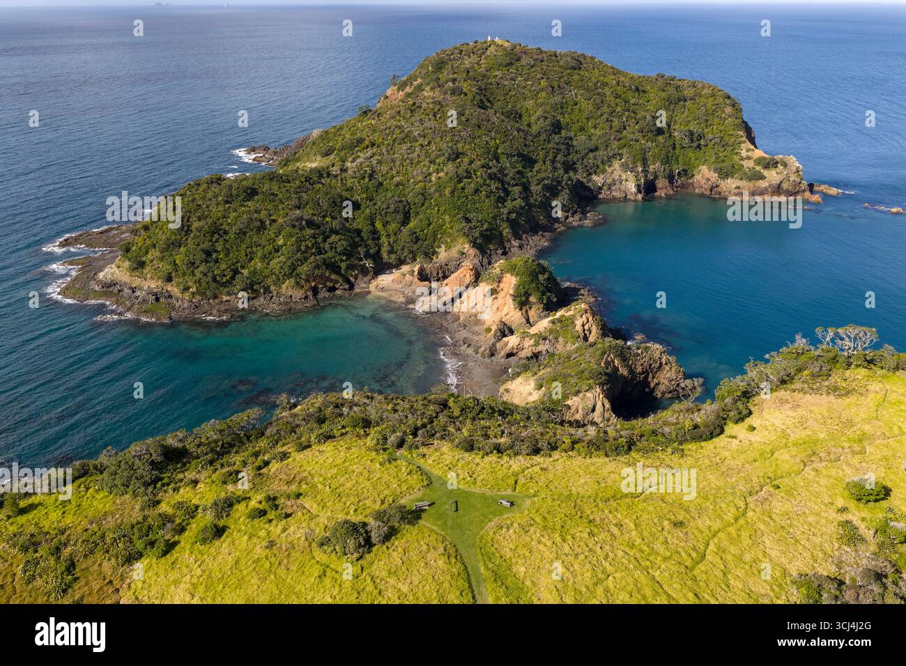 Aerial view of the lush green island meeting the turqoise sea, a serene ...