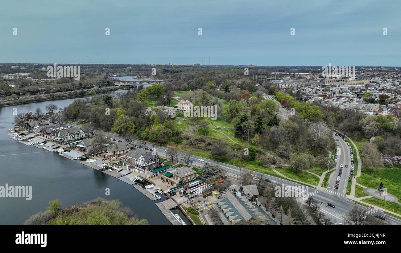 Aerial view of the Schuylkill River snaking past Boathouse Row's ...