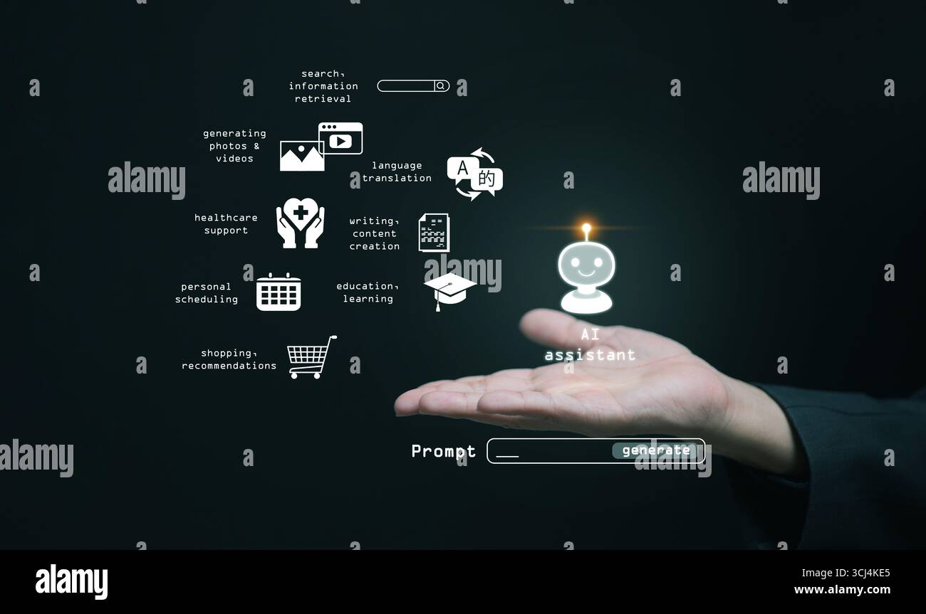 AI virtual assistant in human hand with digital interface, symbolizing ...