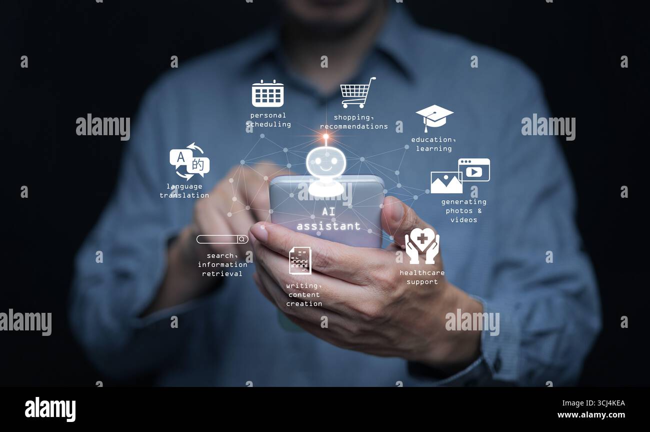 Digital AI assistant application with holographic interface, symbolizing artificial intelligence ...