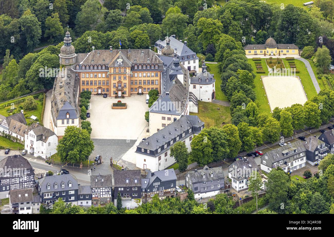 Aerial view, Berleburg Castle, residence castle of the Sayn ...