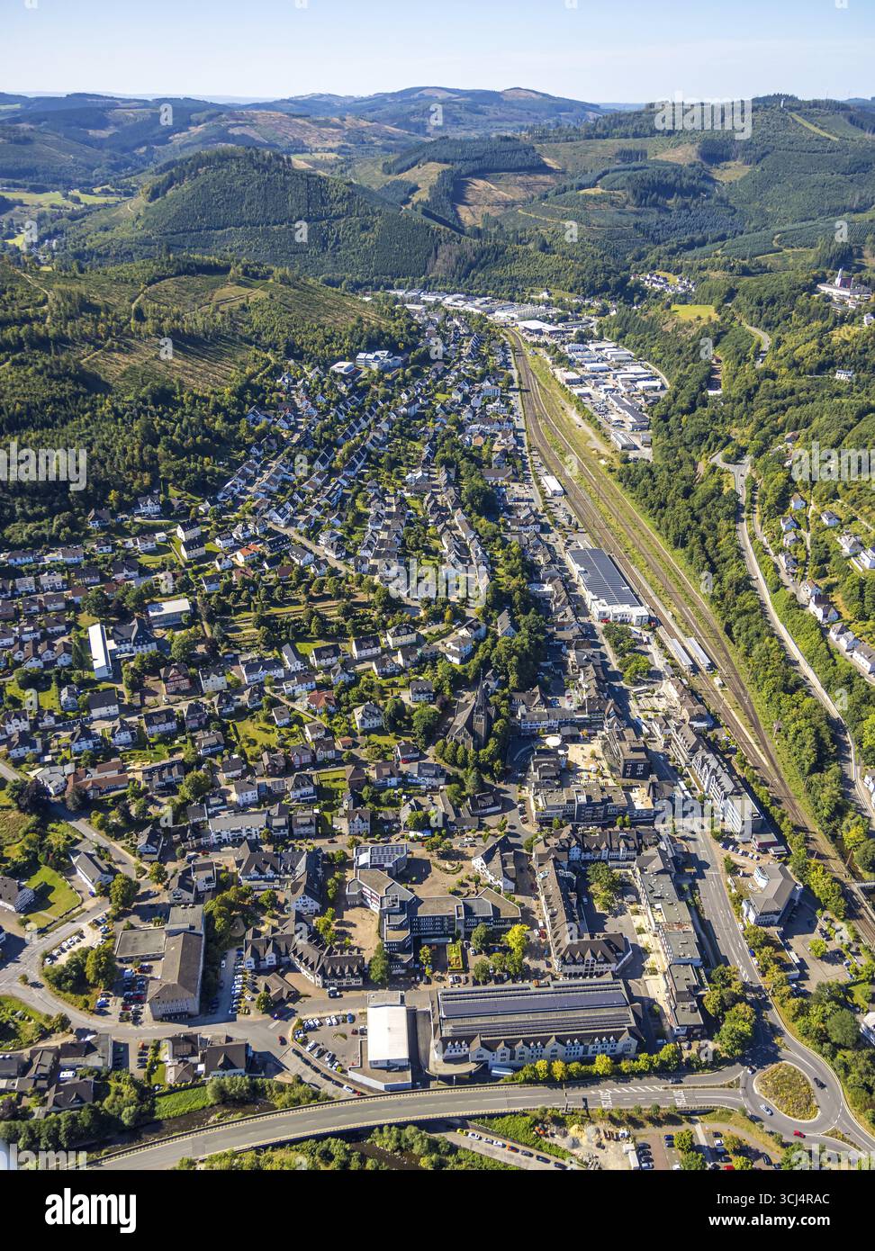 Aerial view, residential area view of Altenhundem with town hall Thomas ...