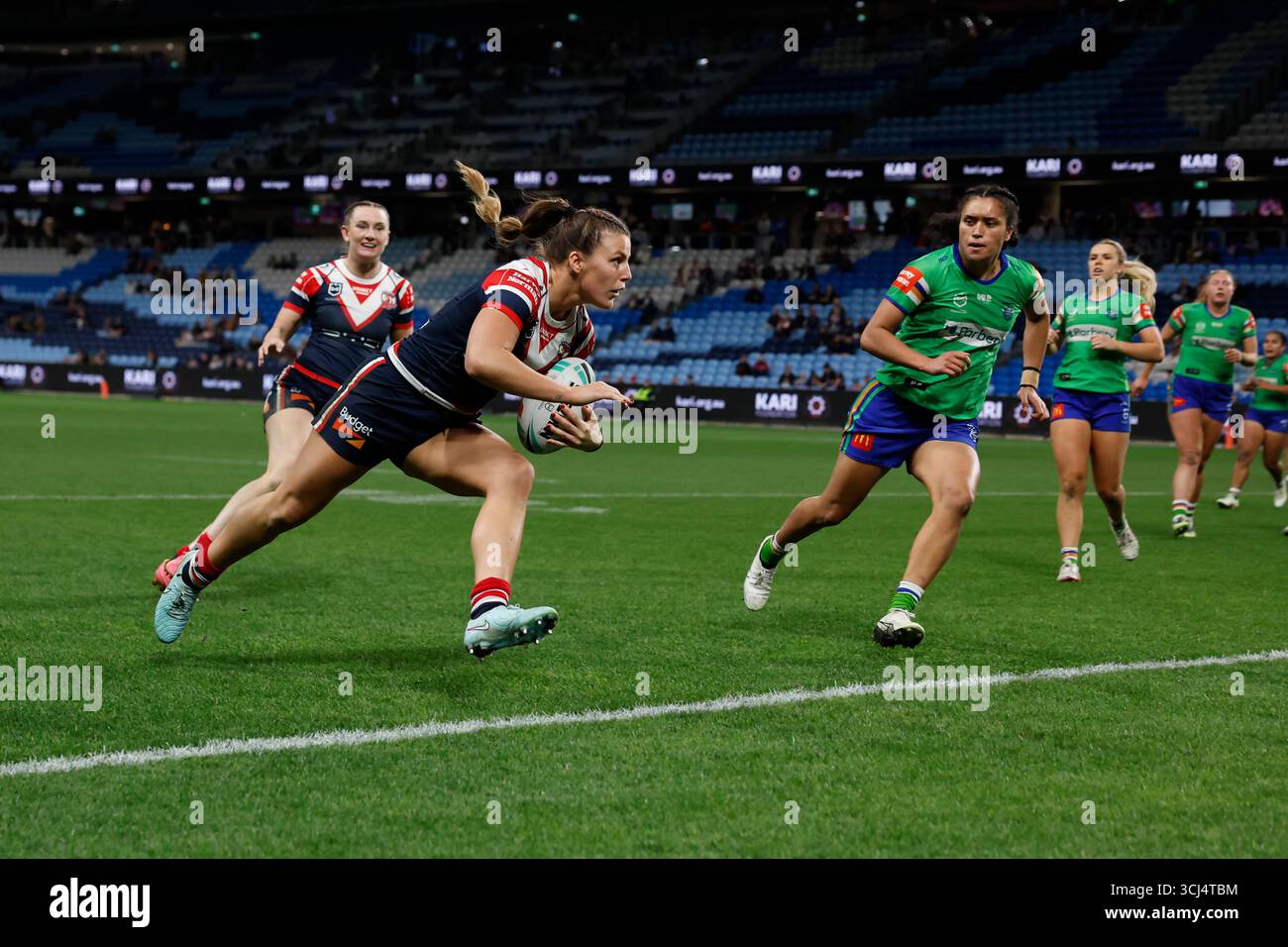 Jessica Sergis of the Roosters scores a try during the NRLW Round 10 ...