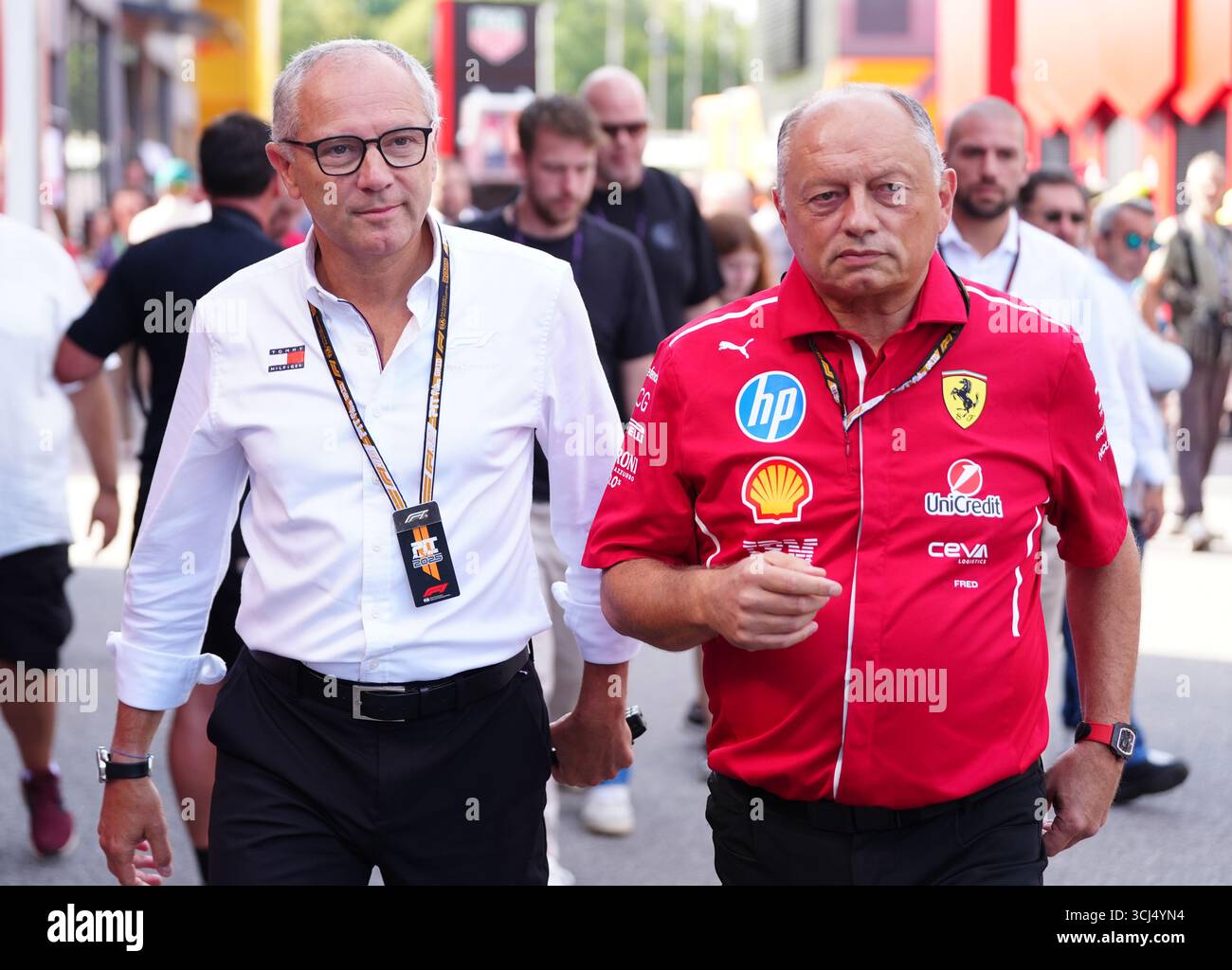 CEO of Formula 1 Stefano Domenicali and Ferrari team principal Fred Vasseur ahead of practice at ...