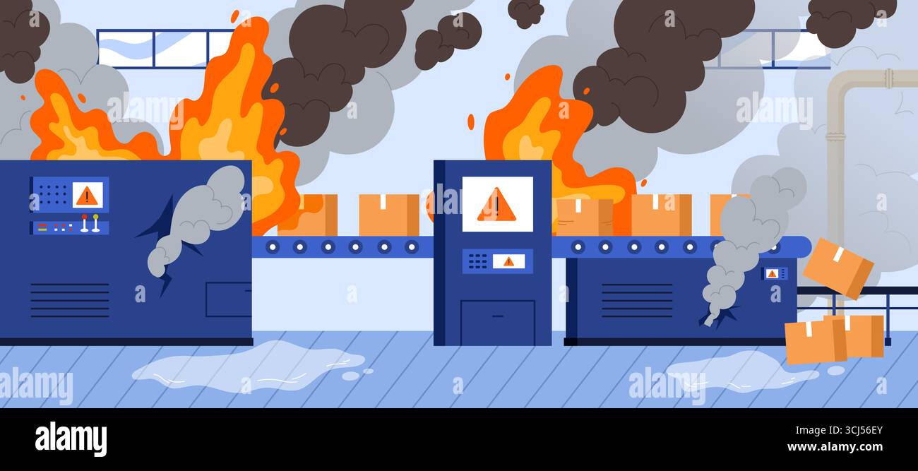 Accident in factory building interior with danger of fire and toxic ...