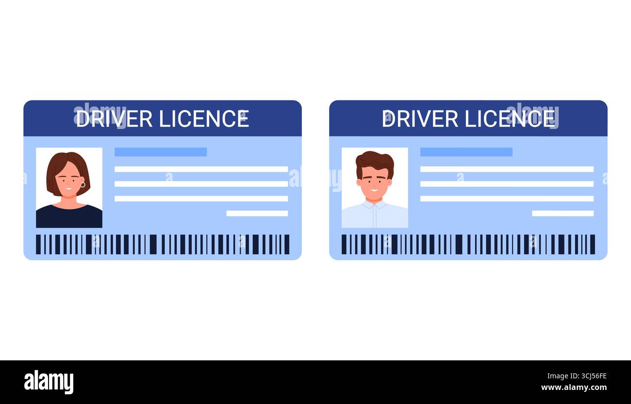 Modern driver license cards with male and female portraits, barcode ...