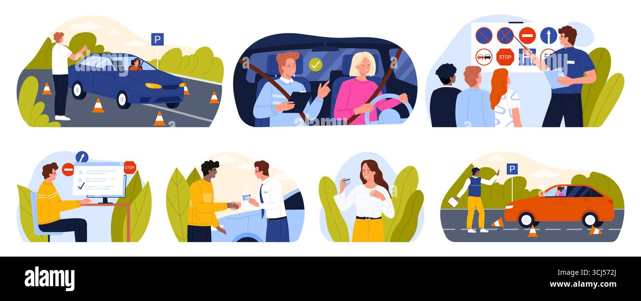 Car driving school set. Basic traffic rules study on lesson with teacher, exam of theory and ...