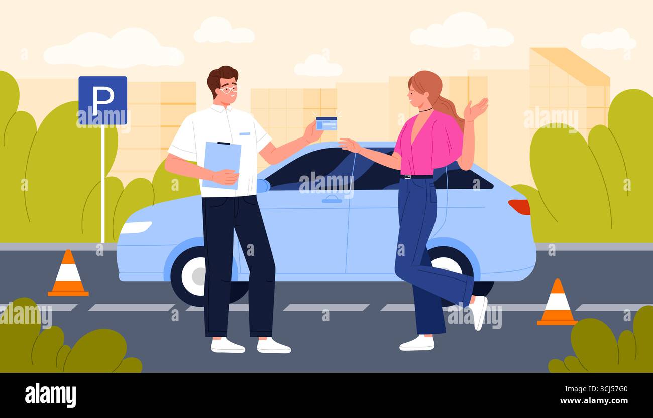 Happy woman receiving driver license to drive car. Instructor giving ID ...