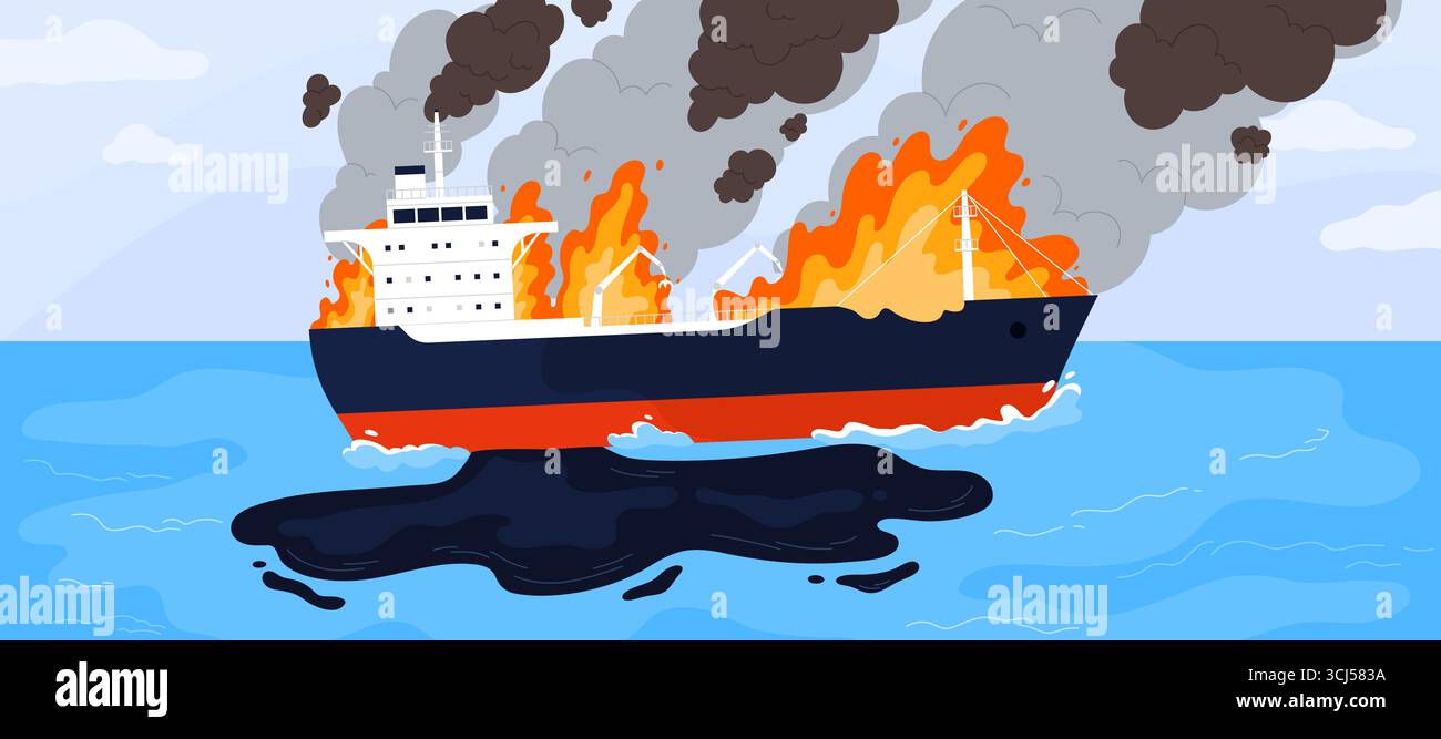 Accident on sinking oil tanker, water and air pollution of sea or ocean ...
