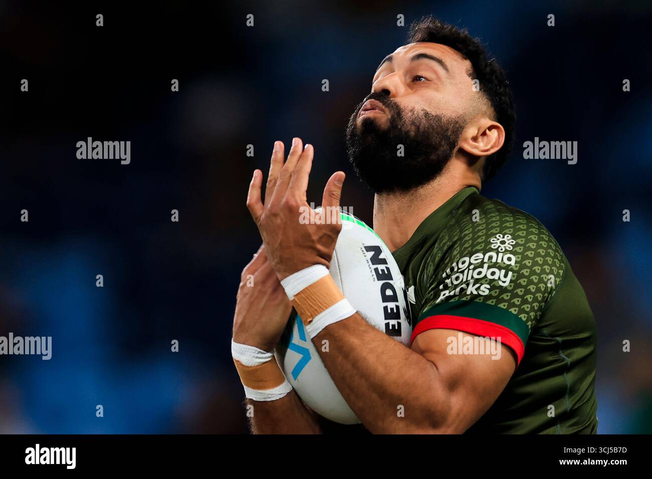 Alex Johnston of the Rabbitohs warms up ahead of the NRL Round 27 match ...