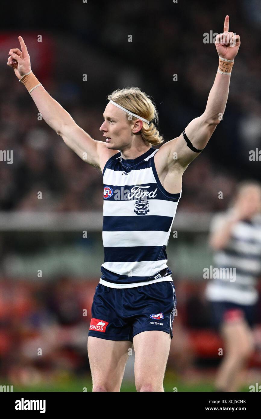 Oliver Dempsey of Geelong celebrates scoring a goal during the AFL ...