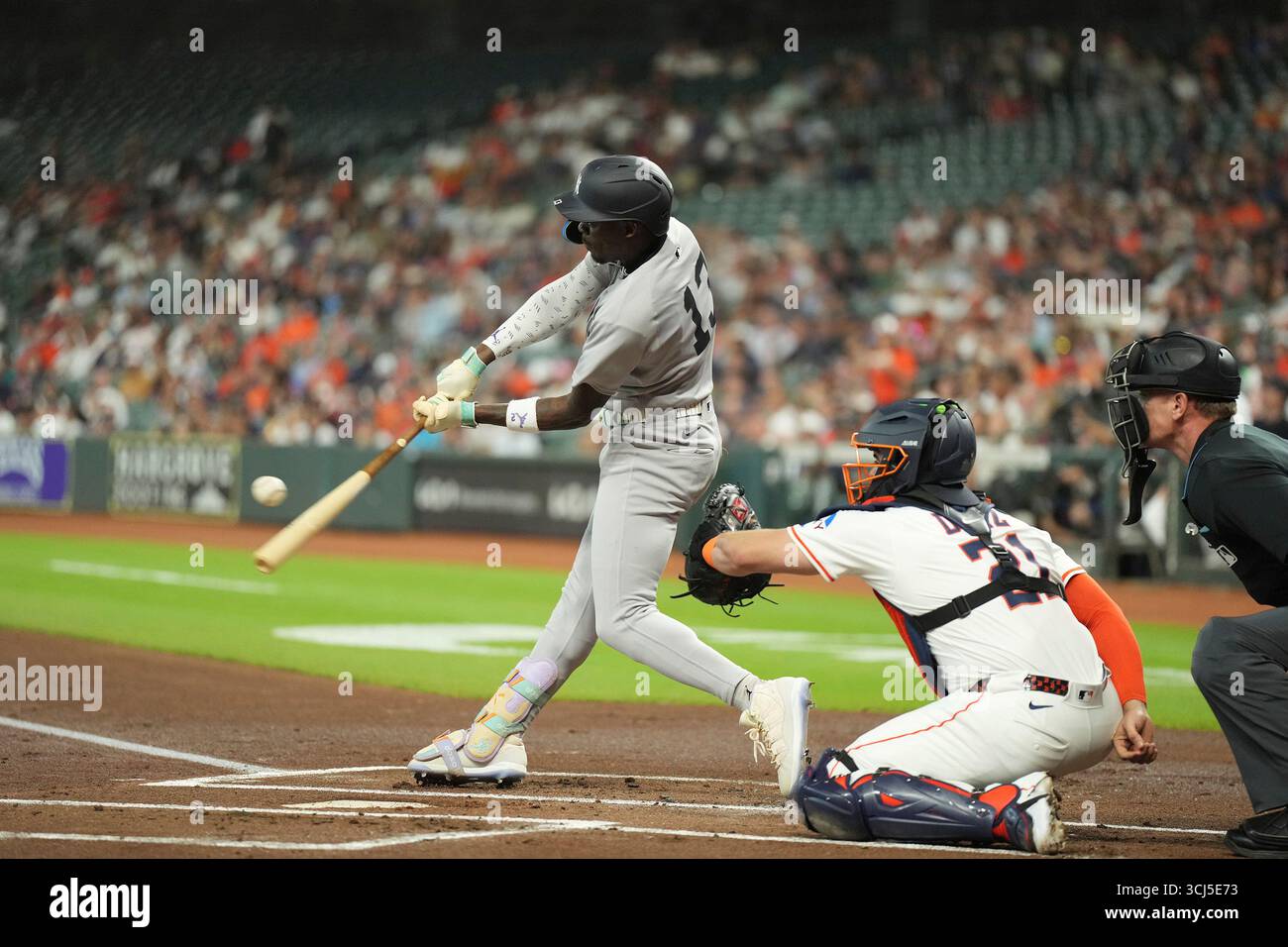 New York Yankees' Jazz Chisholm Jr. (13) fouls off a ball against ...