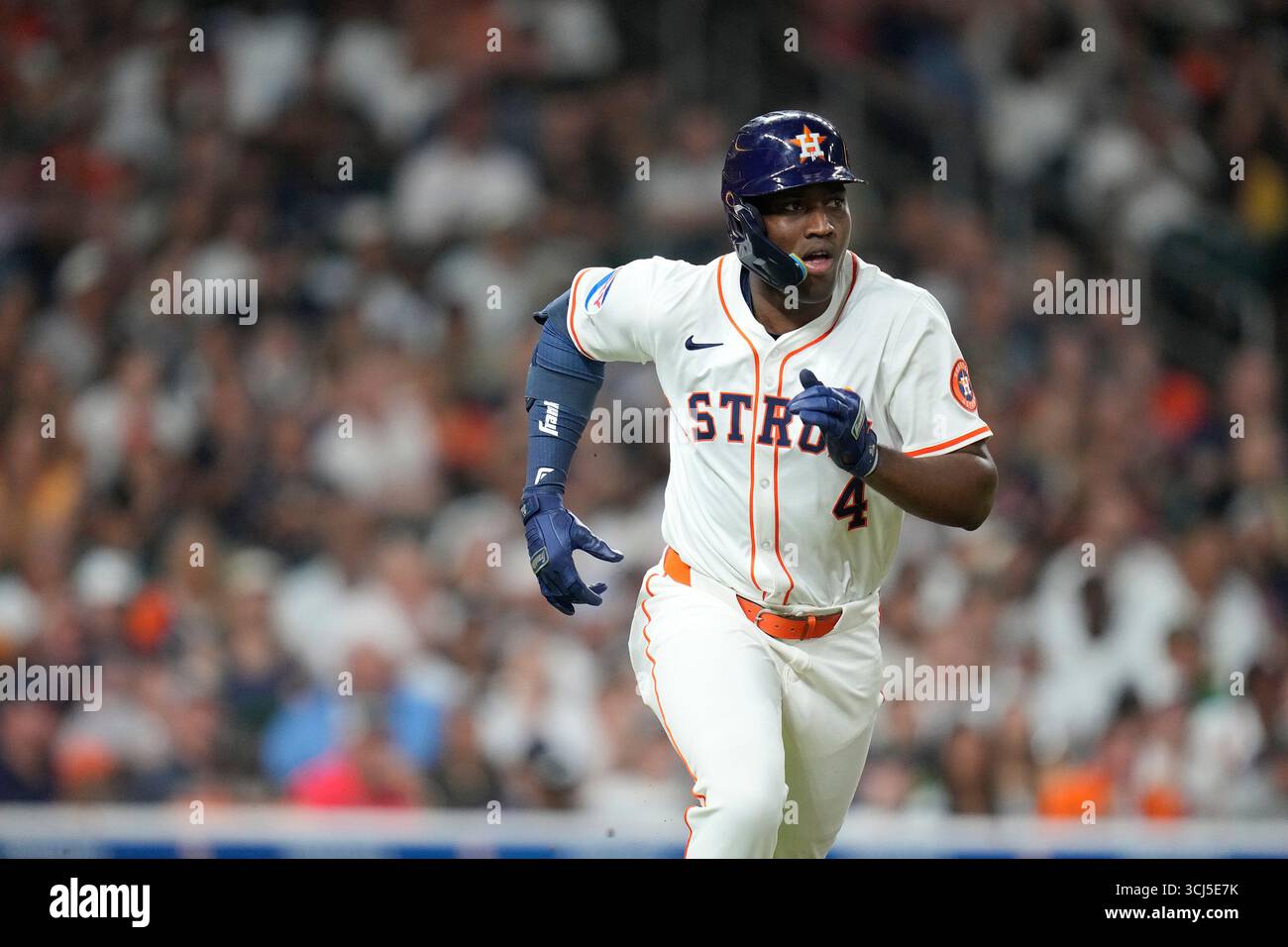 Houston Astros' Jesus Sanchez (4) runs after his single against New ...