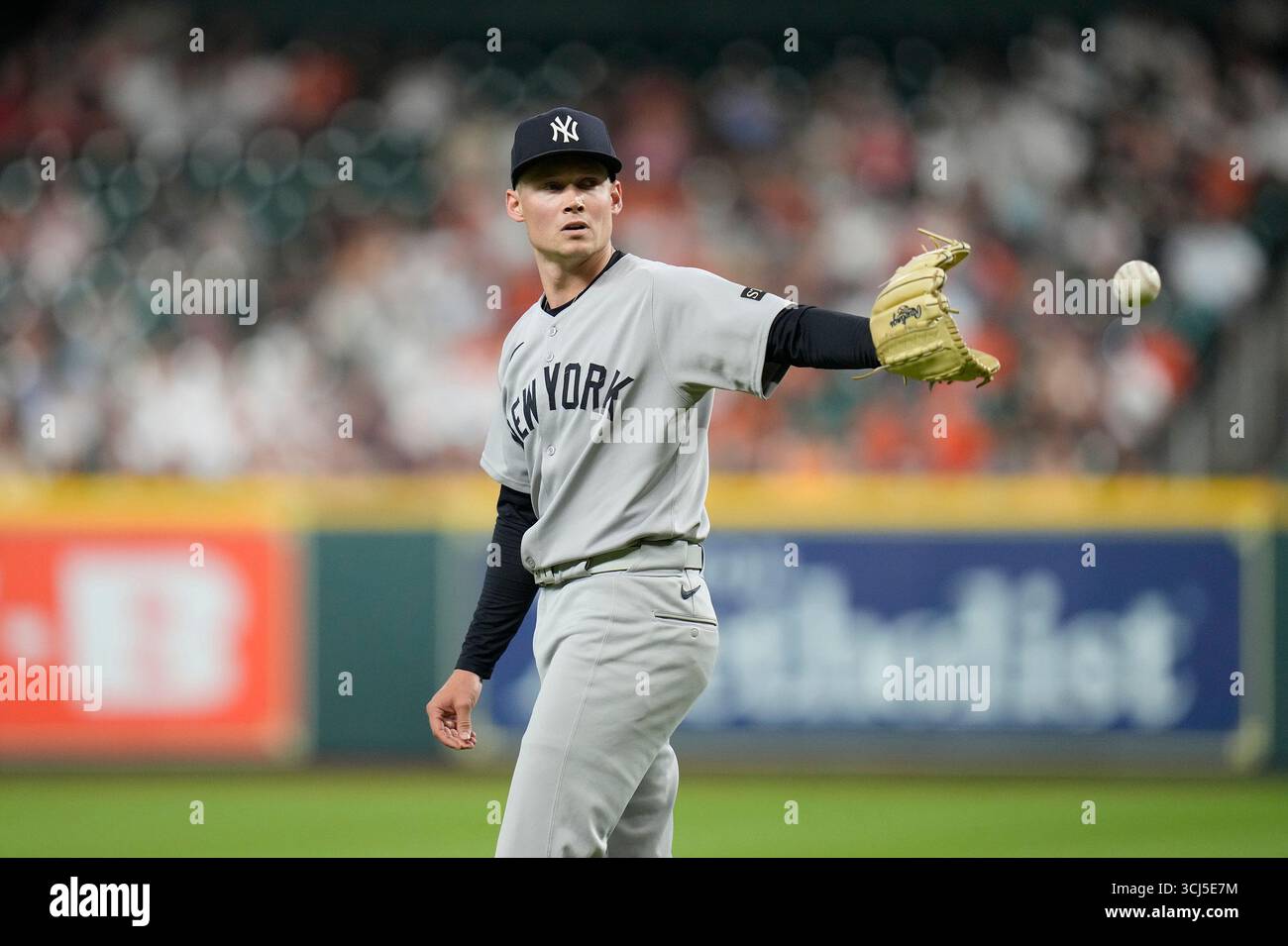 New York Yankees starting pitcher Will Warren between pitches to ...