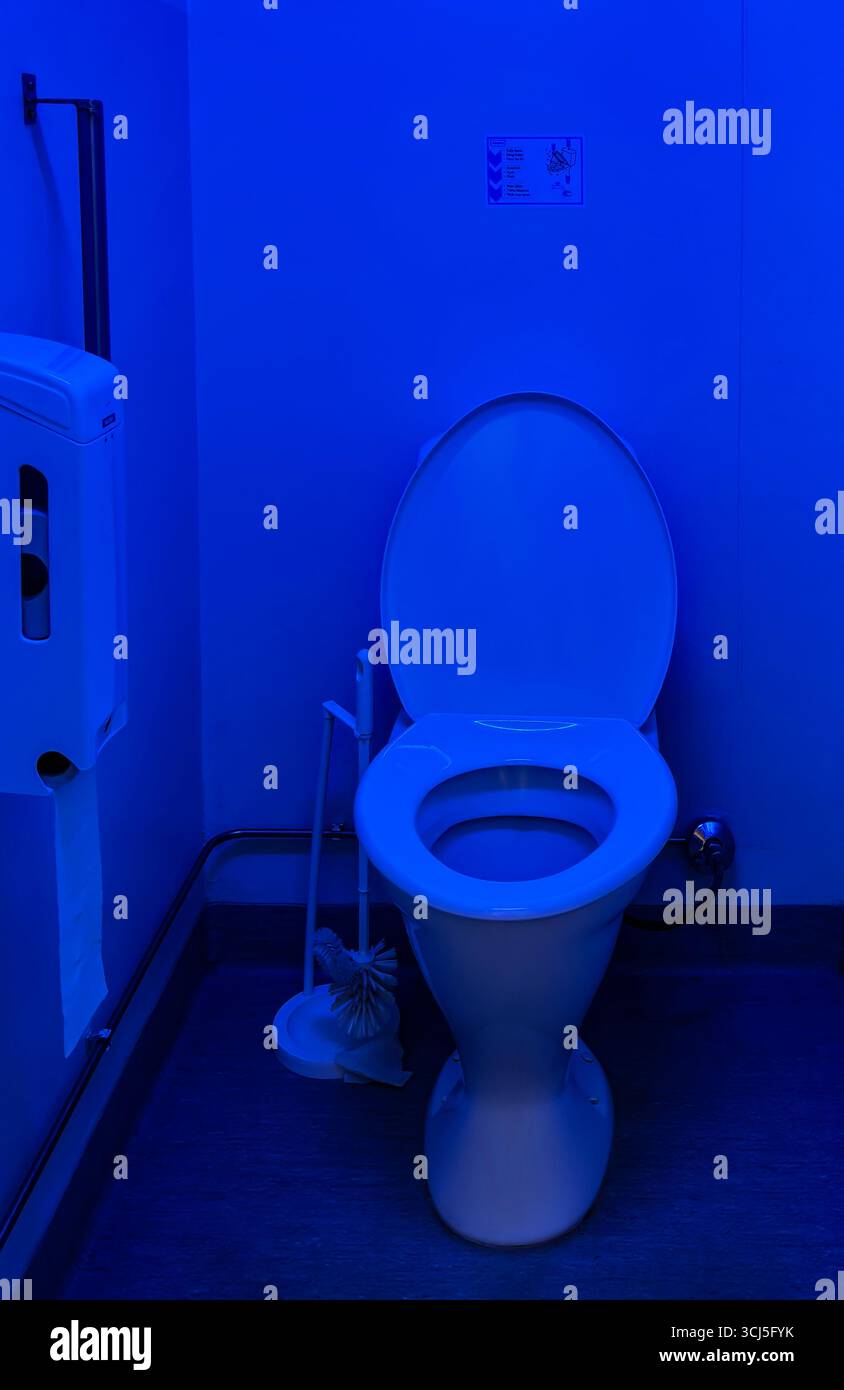 Toilet with dim blue lighting, located near a ward for patients with ...