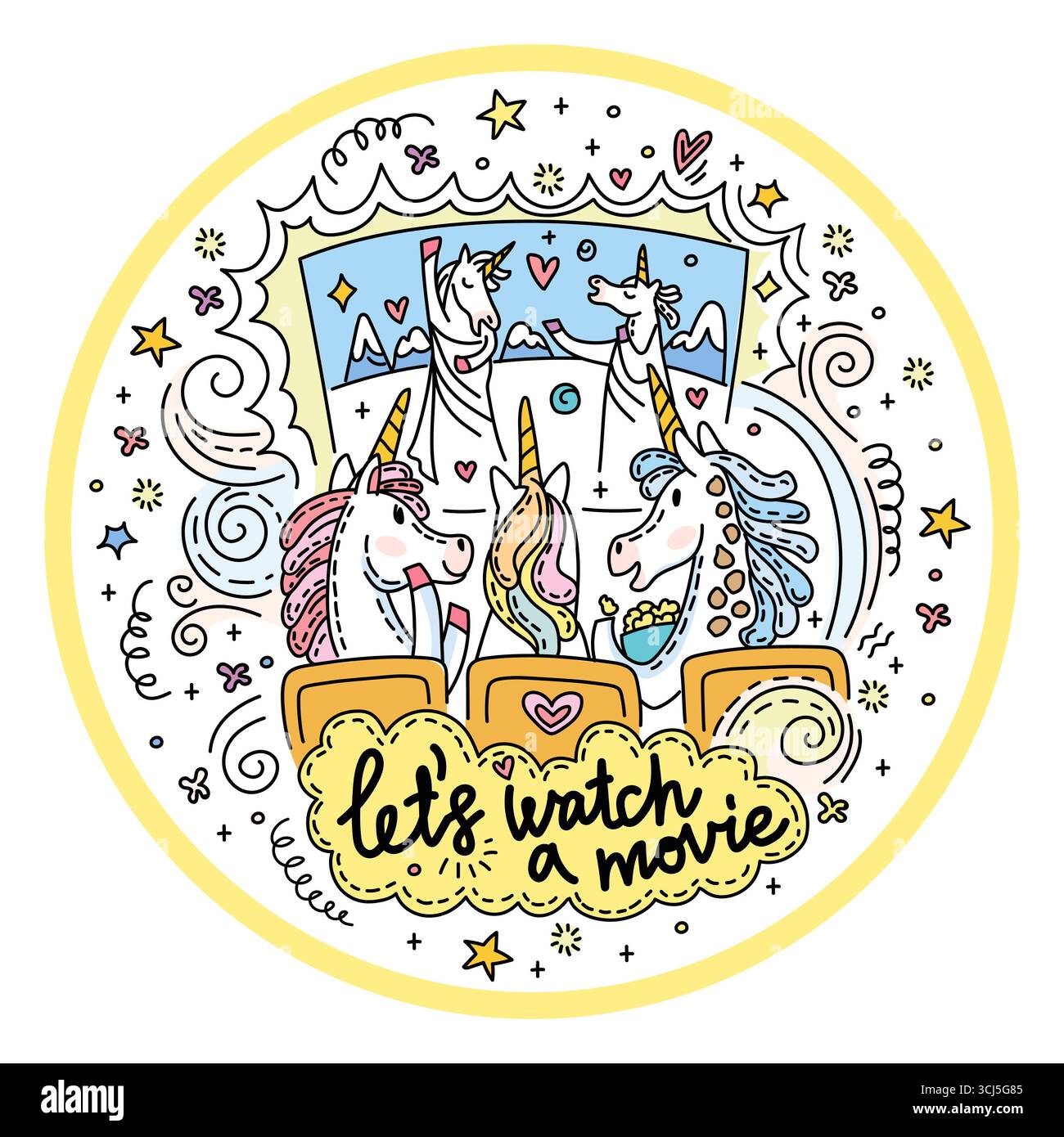 Funny unicorns watching a movie. Humor character and lettering in ...
