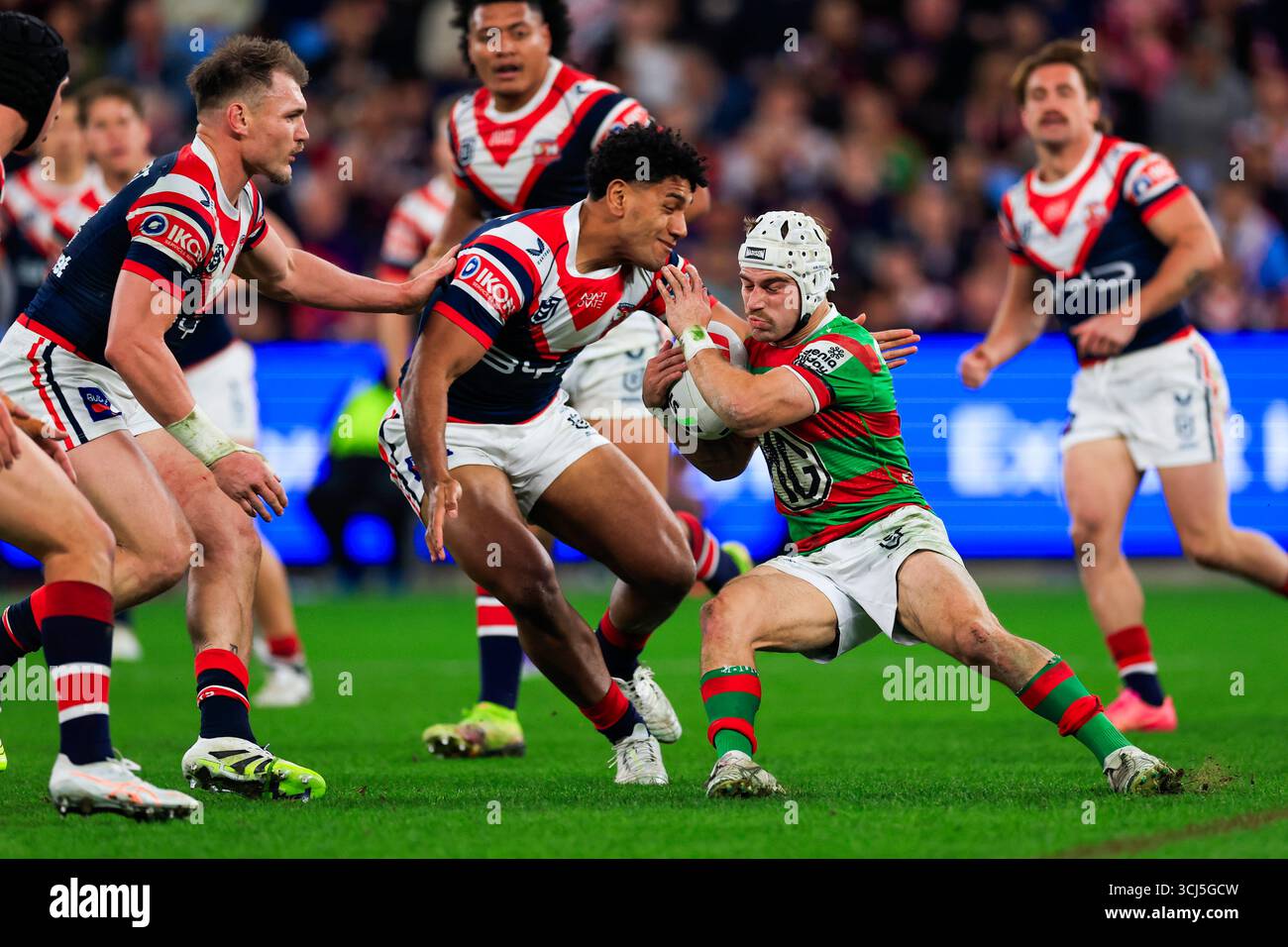 Jye Gray of the Rabbitohs is tackled during the NRL Round 27 match ...