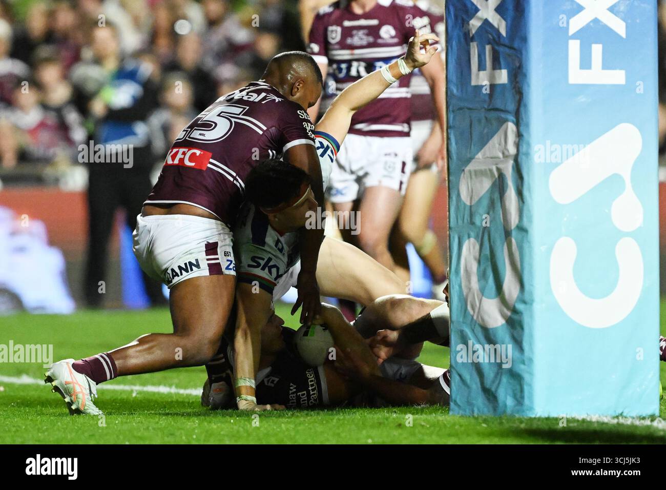 Samuel Healey of the Warriors celebrates a try during the NRL Round 27 ...