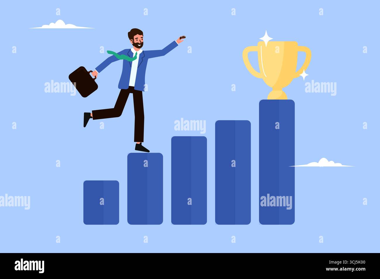 Motivation concept: Driven businessman sprints on rising bar chart ...