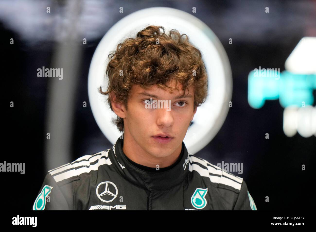 Mercedes driver Andrea Kimi Antonelli of Italy is in garage before the ...