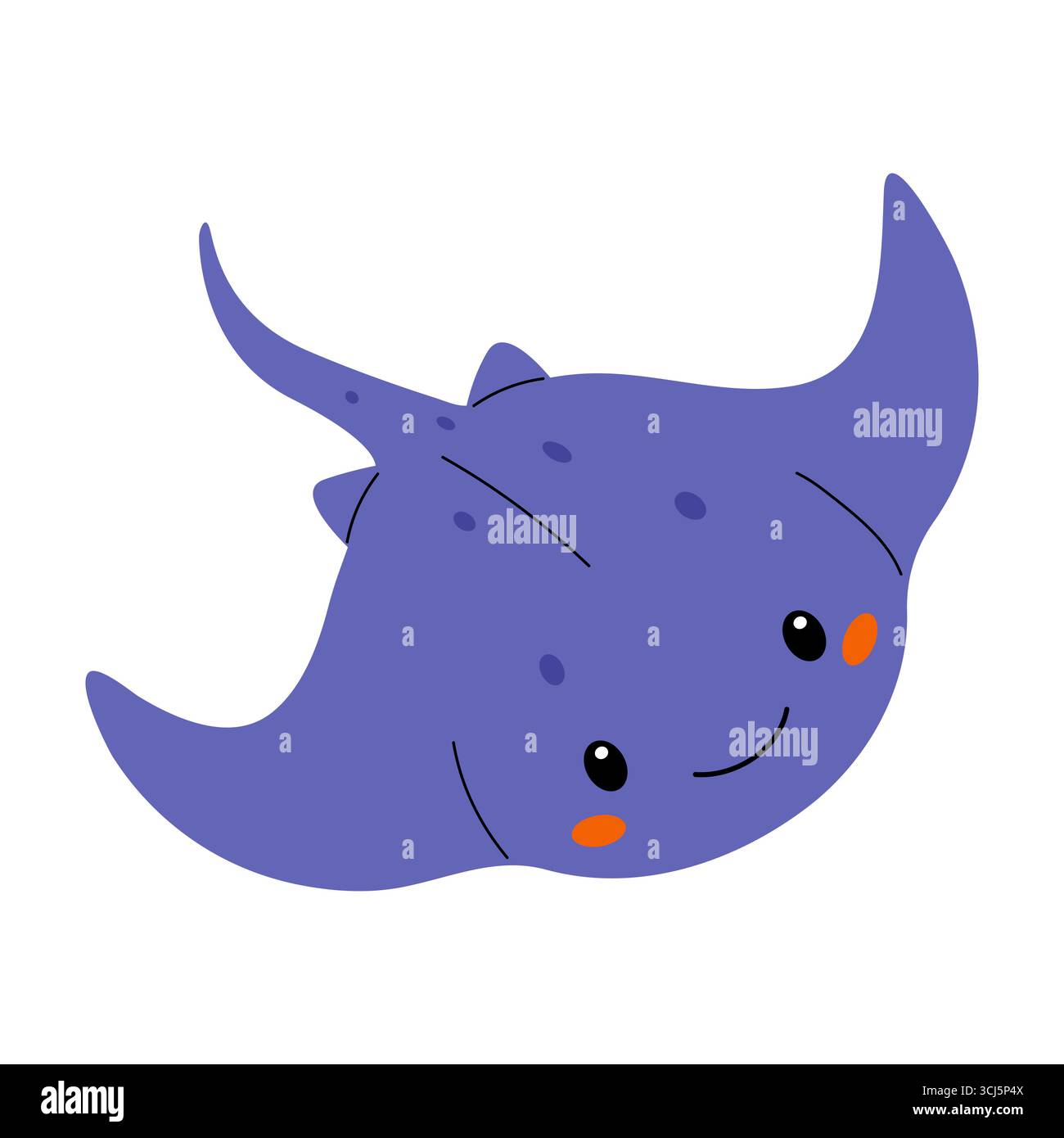 A simple, colorful cartoon shows a happy, violet stingray with orange ...