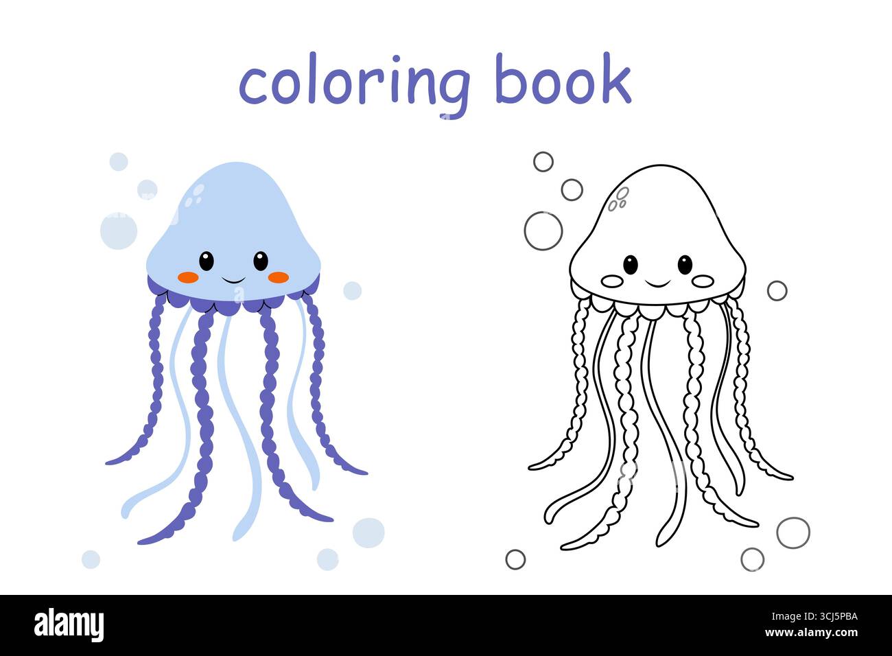 Cute jellyfish coloring page vector illustration isolated on white. Sea ...