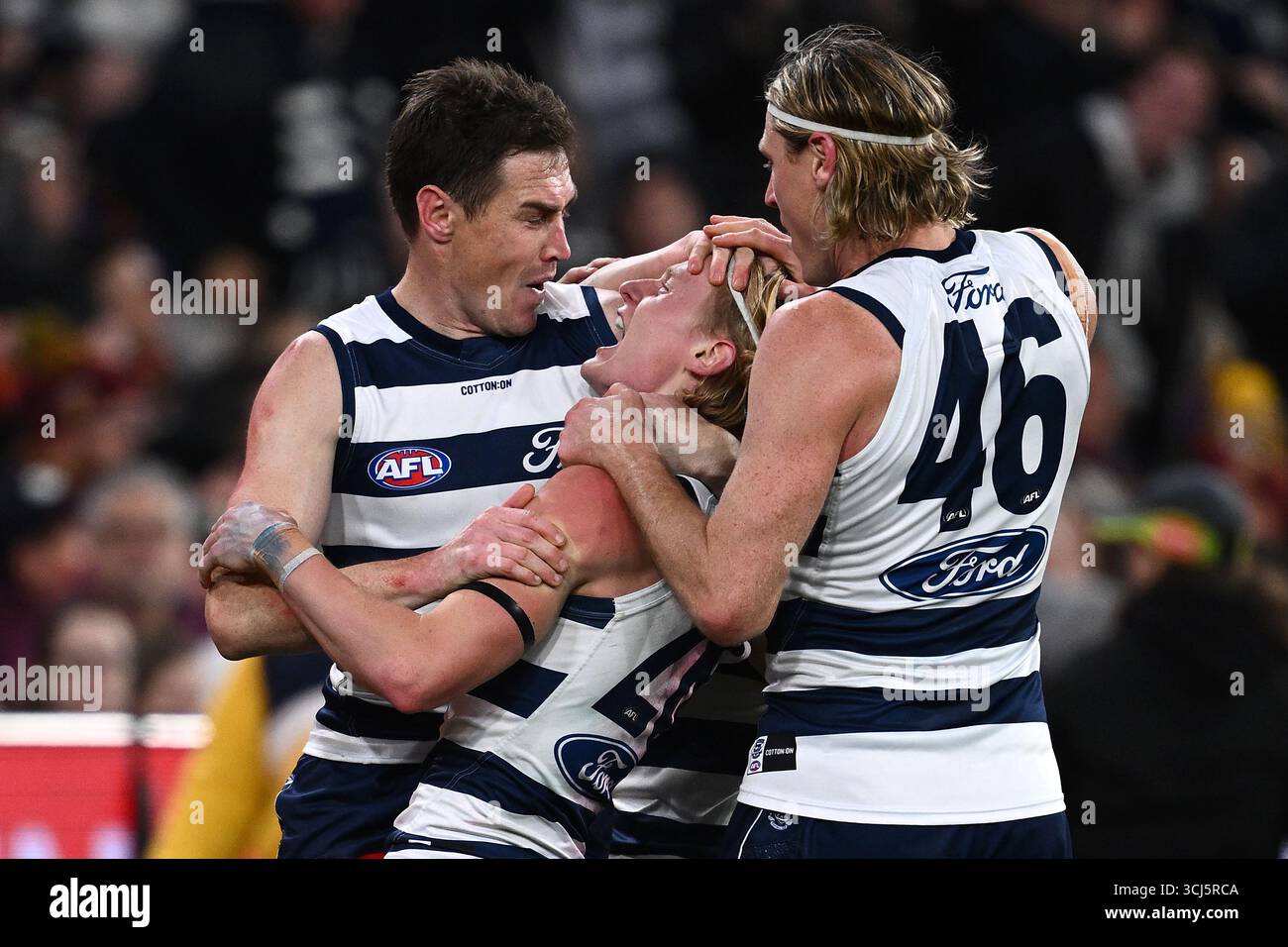 Oliver Dempsey of Geelong celebrates scoring a goal during the AFL ...
