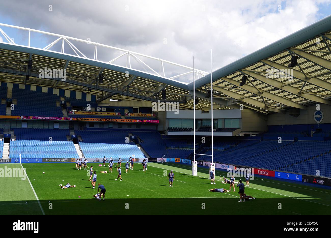 A general view of the players during a team run at the Brighton & Hove ...