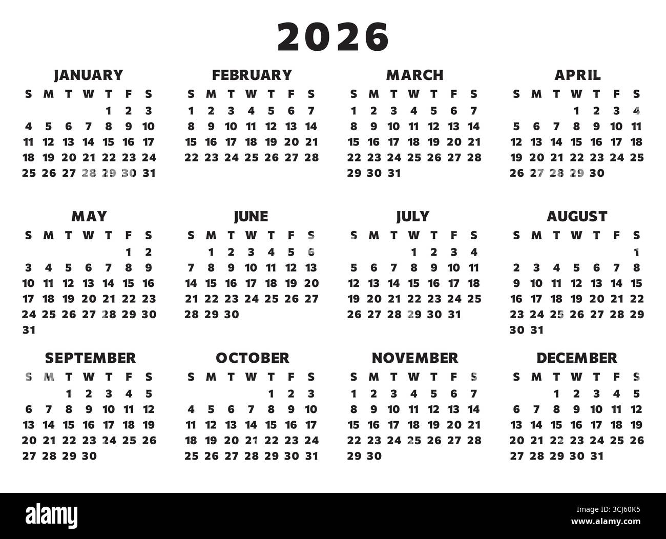 2026 calendar in black color. English vector illustration (week starts ...