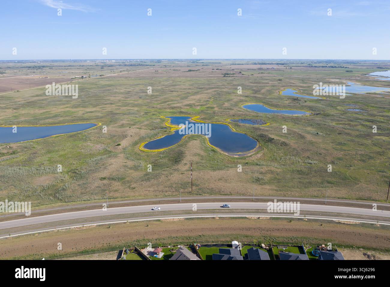 Road with a lot of grass and water on the side. The road is empty and ...