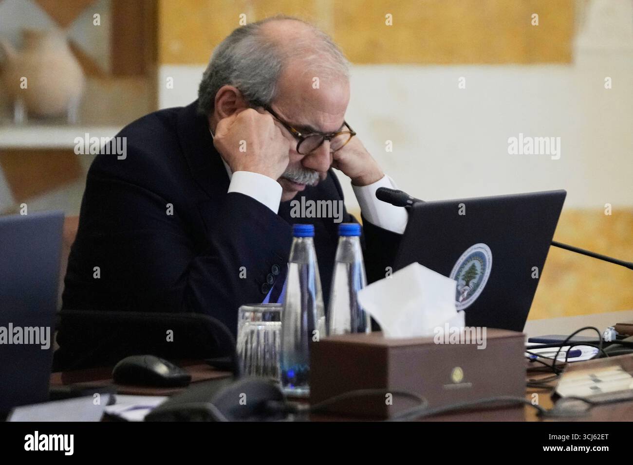 Lebanese Prime Minister Nawaf Salam attends a cabinet meeting at the ...
