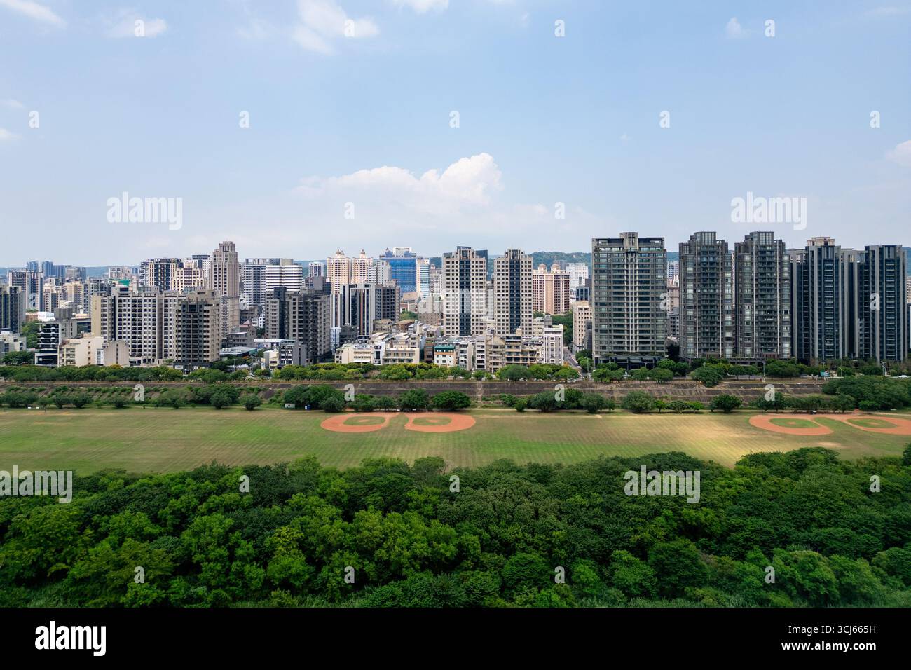 Aerial view of Zhubei city by Touqian River in Hsinchu County, Taiwan ...